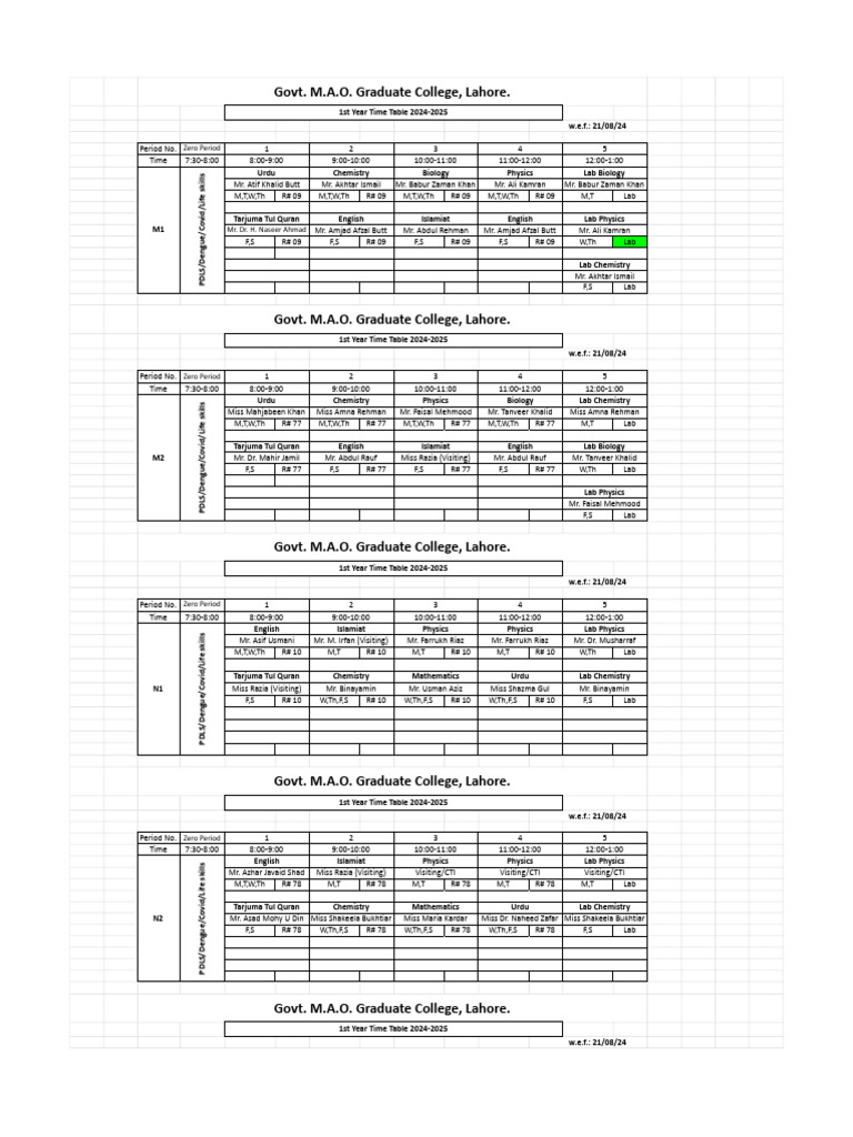 2024-2025 1st Year Time Table Lahore | PDF