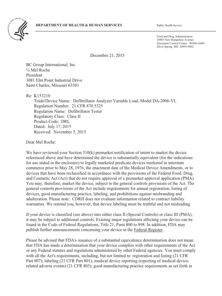 Carta Regulacion Fda BC Biomedical | PDF | Federal Food