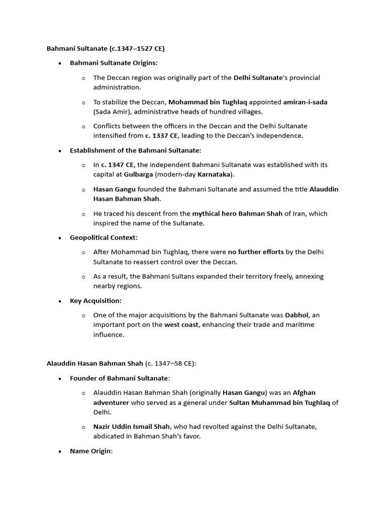 Lecture 28 (I) - Bahmani Sultanate | PDF | History