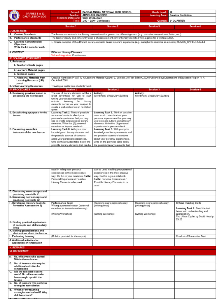Creative Nonfiction Lesson Plan Grade 12 | PDF | Teachers | Learning