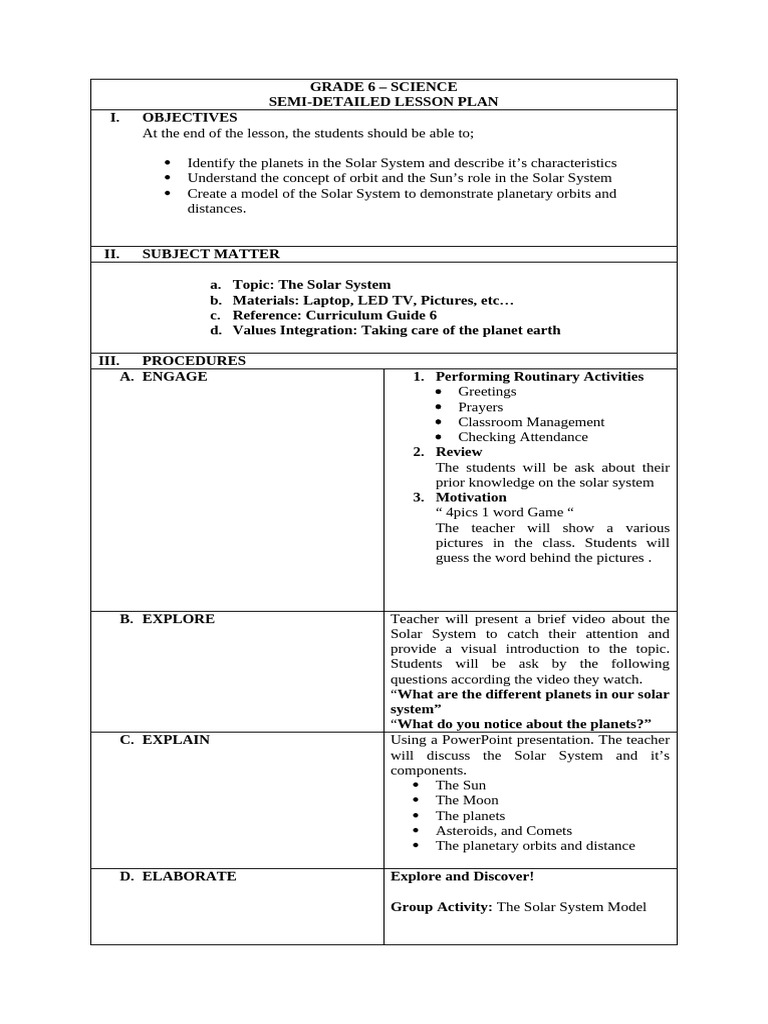 5es Semi-Detailed Lesson Plan | PDF | Solar System | Planets