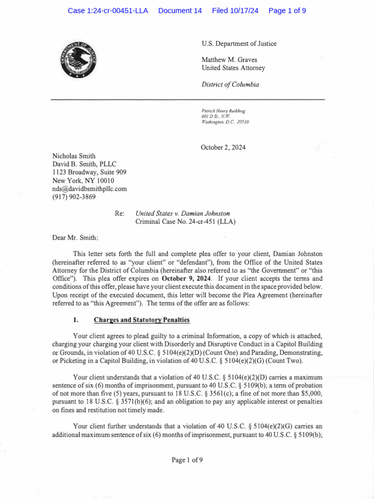 Damian Johnston Plea Agreement | PDF | Plea | Plea Bargain