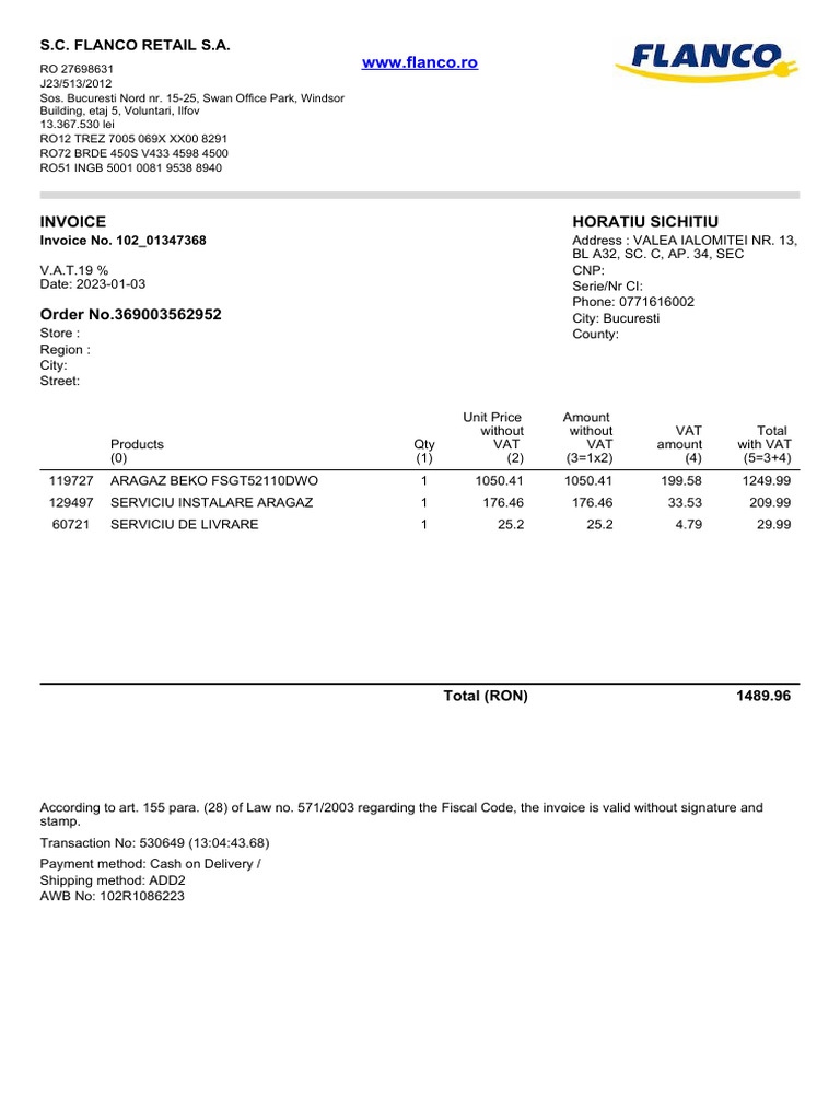 Invoice for Beko Stove Purchase | PDF