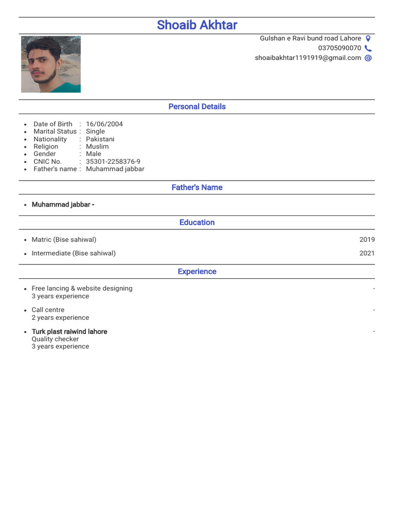 Shoaib Akhtar CV | PDF