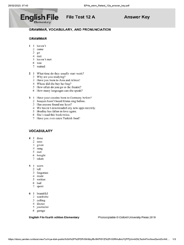EF4e Elem Filetest 12a Answer Key | PDF