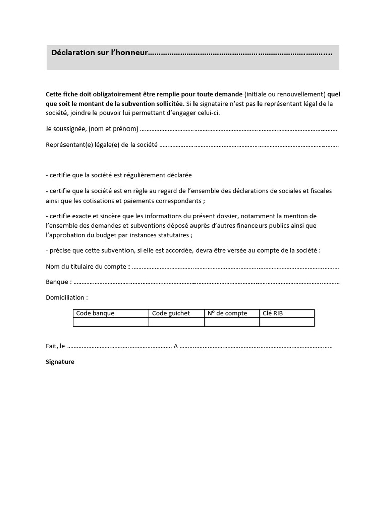Declaration Sur L'honneur | PDF