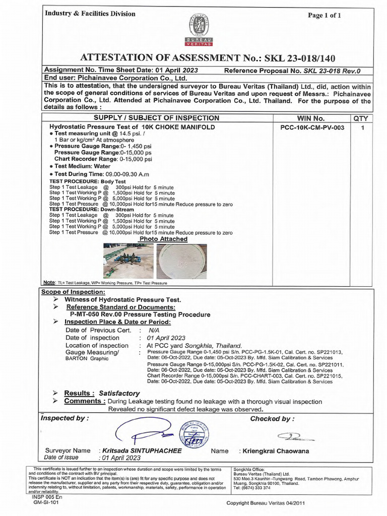 Pressure Test Certificate For Choke Manifold No, PCC-10K-CM-PV-003 On ...