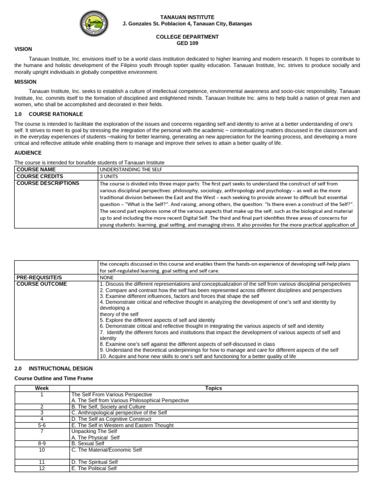 Understanding the Self Syllabus 2025 | PDF | Self | Identity (Social ...