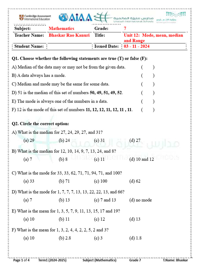 (Unit - 12) Class 7 Mathematics Worksheet | PDF | Mathematics
