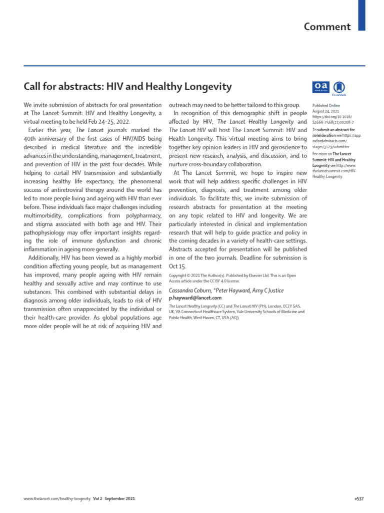 Call For Abstracts HIV and Healthy Longevity - 2021 | PDF | Hiv | Hiv/Aids
