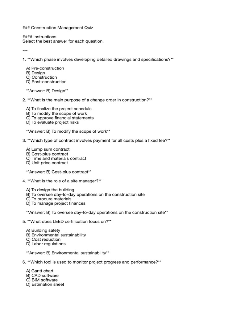 Construction Management Quiz Questions | PDF | General Contractor ...