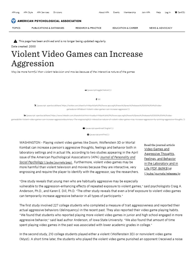Violent Video Games Can Increase Aggression | PDF | American ...