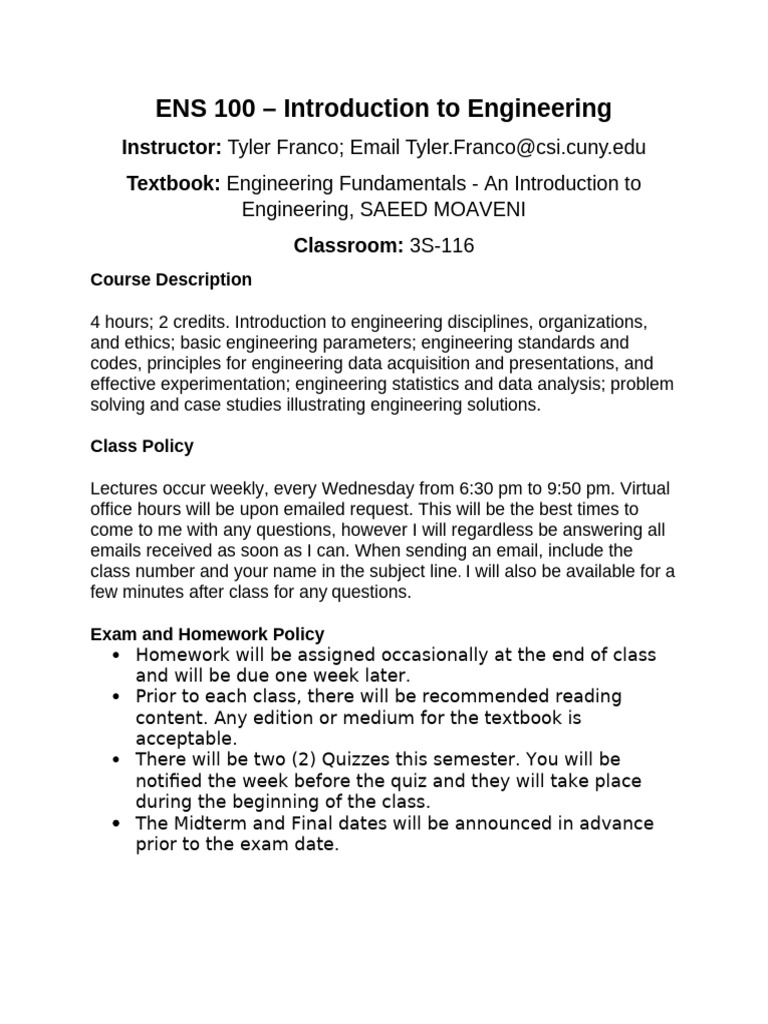 ENS 100 Syllabus Fall 2024 | PDF | Engineering | Homework