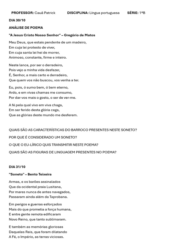 Análise de Poemas Barrocos em Aula | PDF | Barroco | Portugal