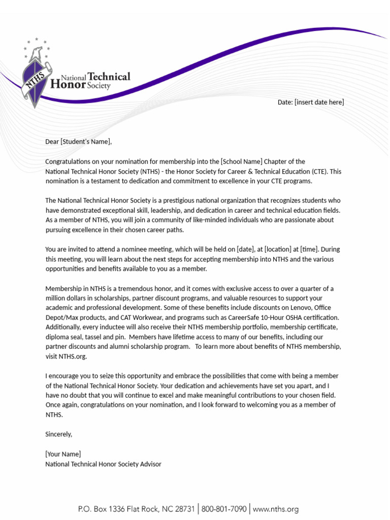 NTHS Nominee Template Letter Updated March 4 2024 | PDF