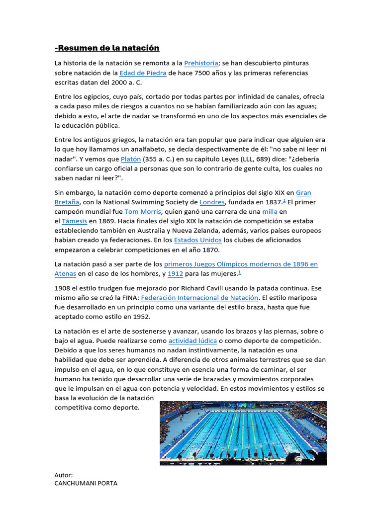 Resumen de La Natación | PDF | Natación (deporte) | Deportes atléticos