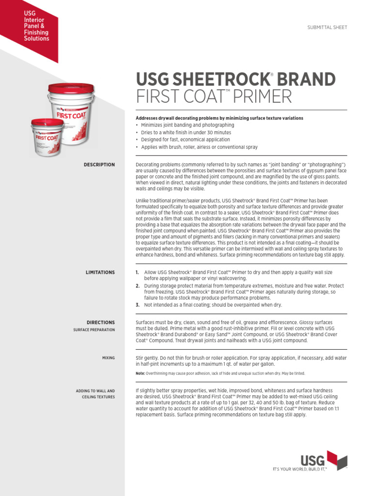 Usg Sheetrock® Brand First Coat™ Primer | PDF | Drywall | Paint