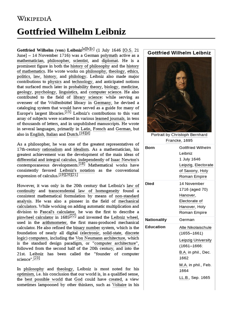 Gottfried Wilhelm Leibniz | PDF | Gottfried Wilhelm Leibniz | Teaching Mathematics