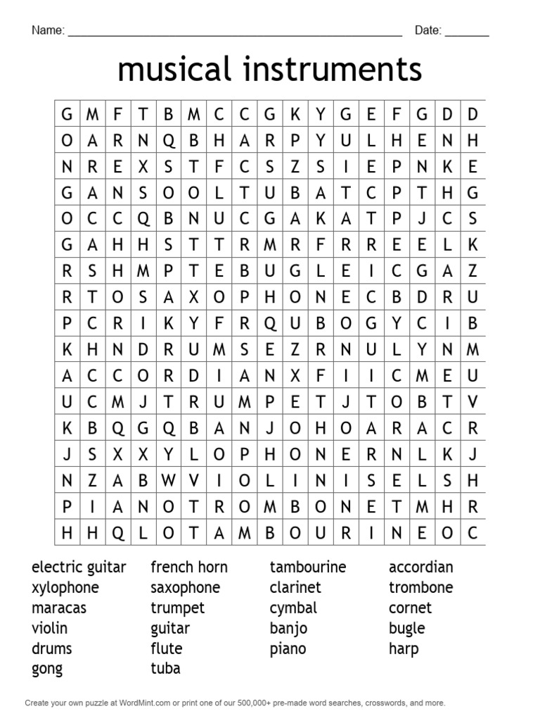 Music Instrument Word Search | PDF | Musical Instruments | Musical ...