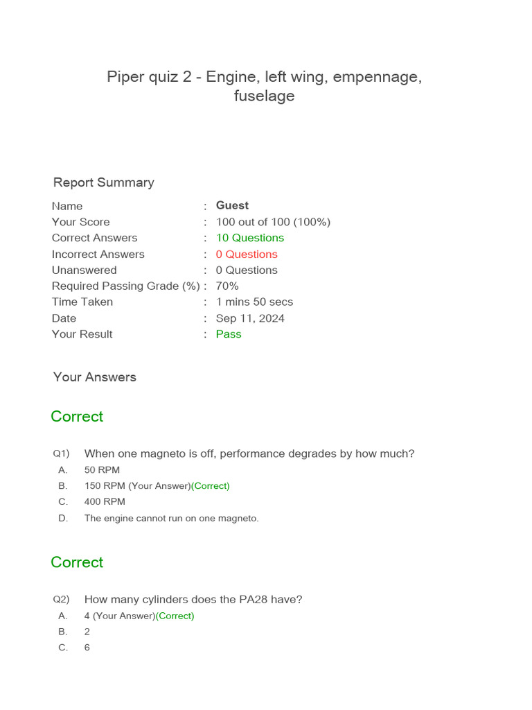 Guest-340363518-Piper Quiz 2 - Engine Left Wing Empennage Fuselage ...