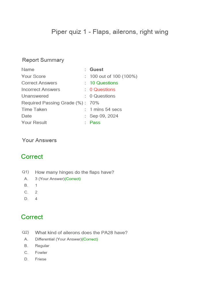 Guest-340253729-Piper Quiz 1 - Flaps Ailerons Right Wing | PDF | Flap (Aeronautics) | Aircraft