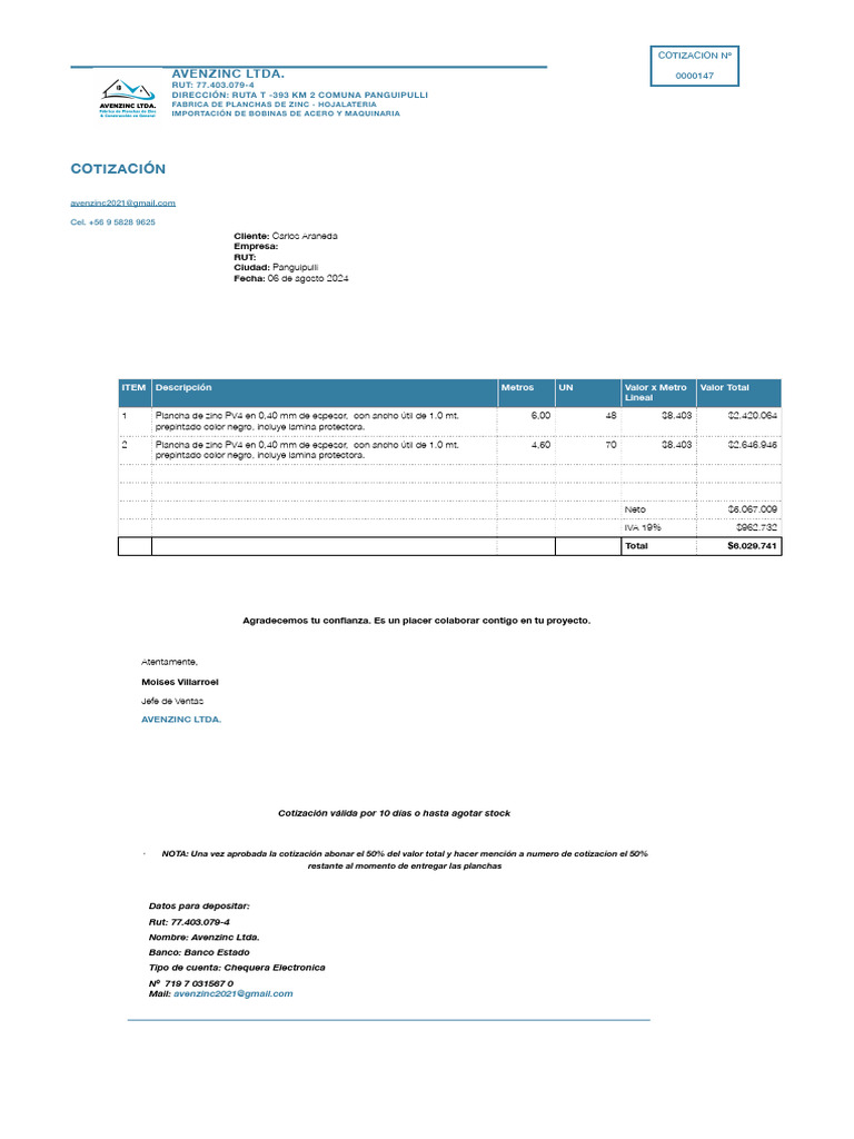 Cotizacion Carlos Araneda Zinc PV4 | PDF