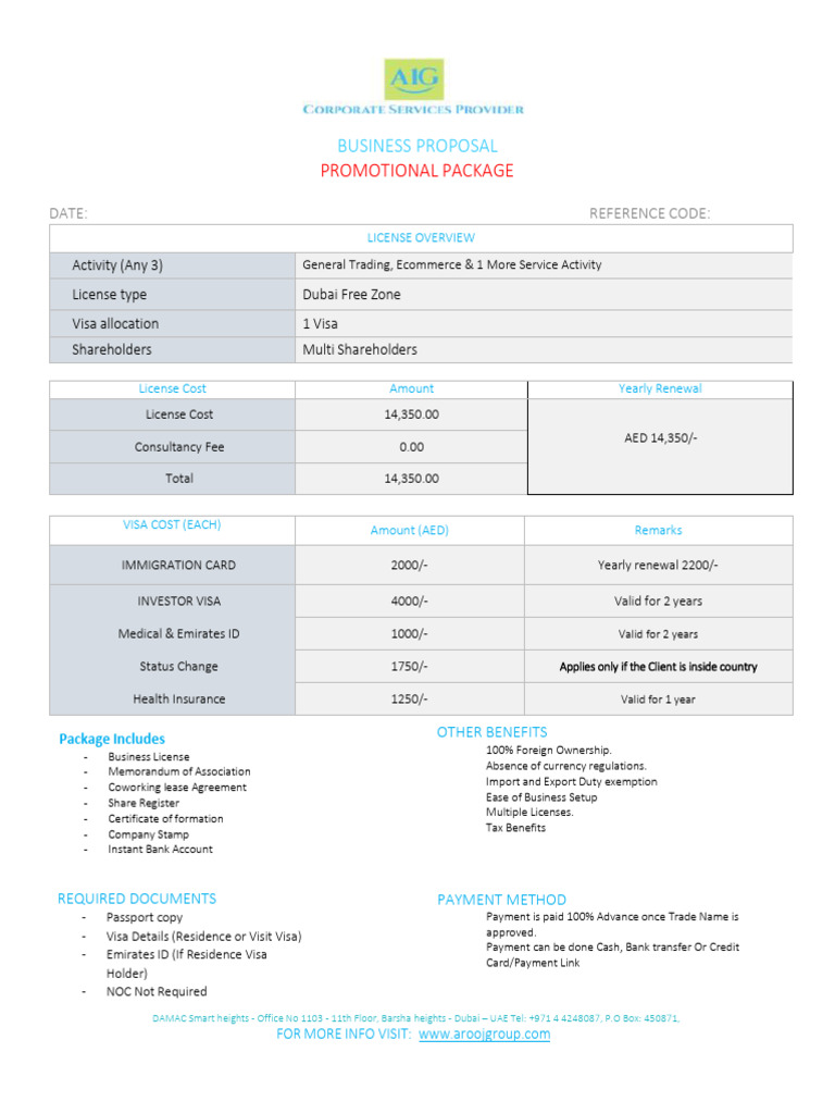 AIG Proposal - Dubai Freezone 1 Visa Meydan PKG | PDF | Travel Visa | Payments