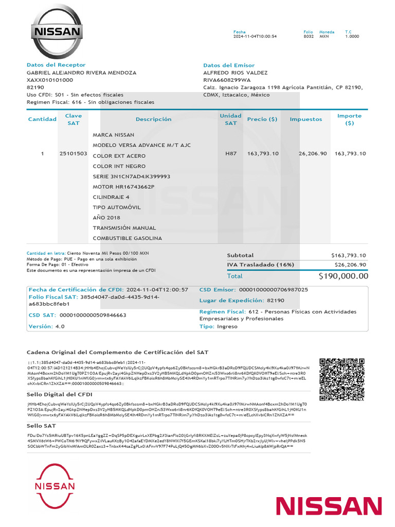 Factura - 592-00000173731D1588 Nissan | PDF | Tecnología de vehículos | Tecnologías automotrices