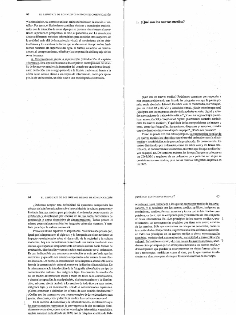 Manovich, Lev - El Lenguaje de Los Nuevos Medios Cap 1 | PDF