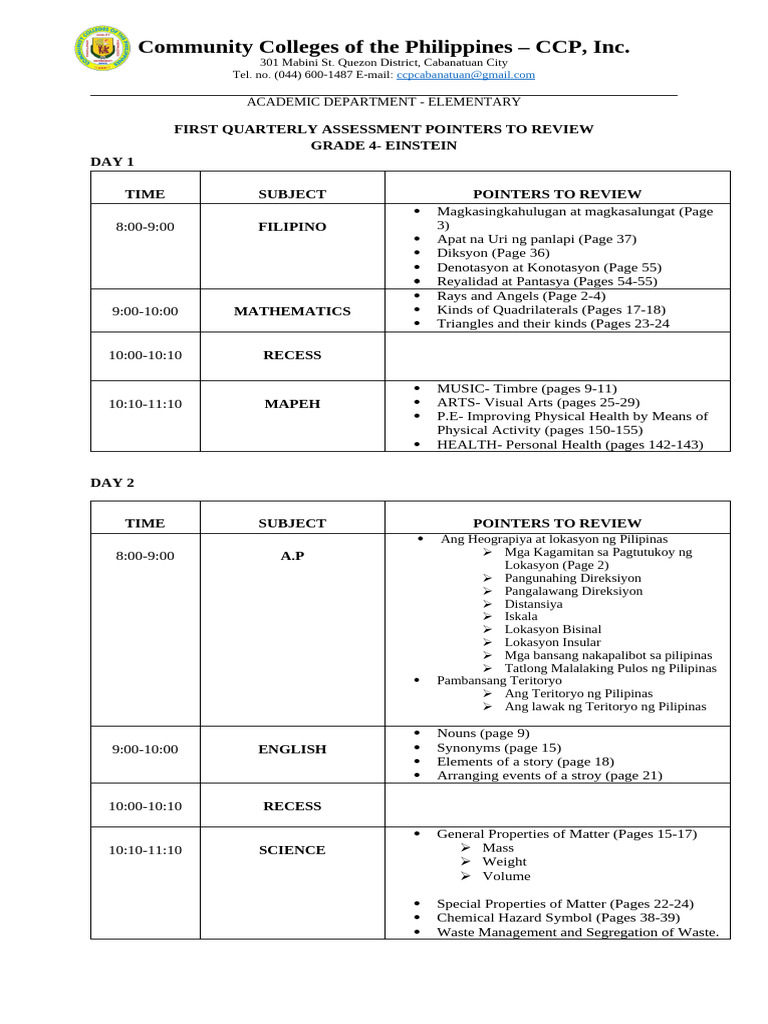 Pointers G4 1ST Monthly Assessment | PDF | Philippines