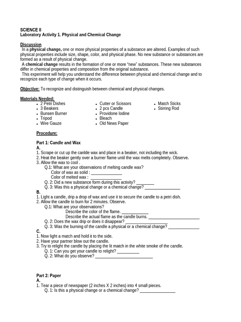 Lab Activity Physical and Chemical Change | PDF | Candle