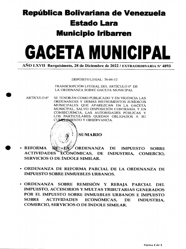 Ordenanza Municipio Iribarren. Lara | PDF