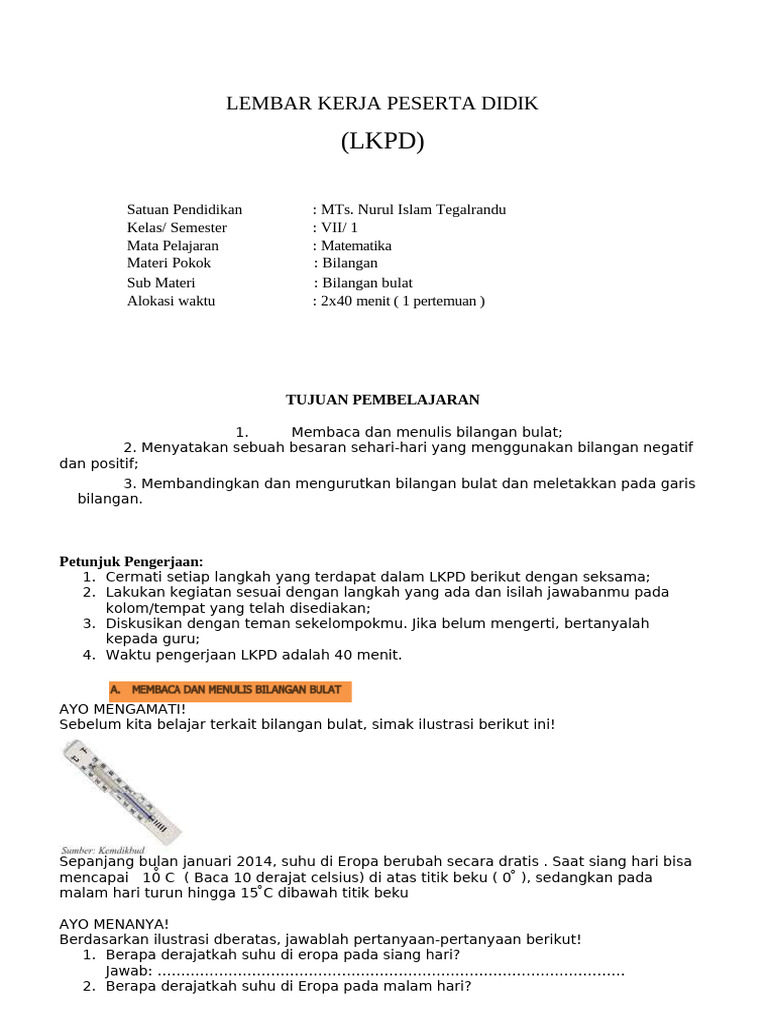 LKPD MTK Bu Panca | PDF
