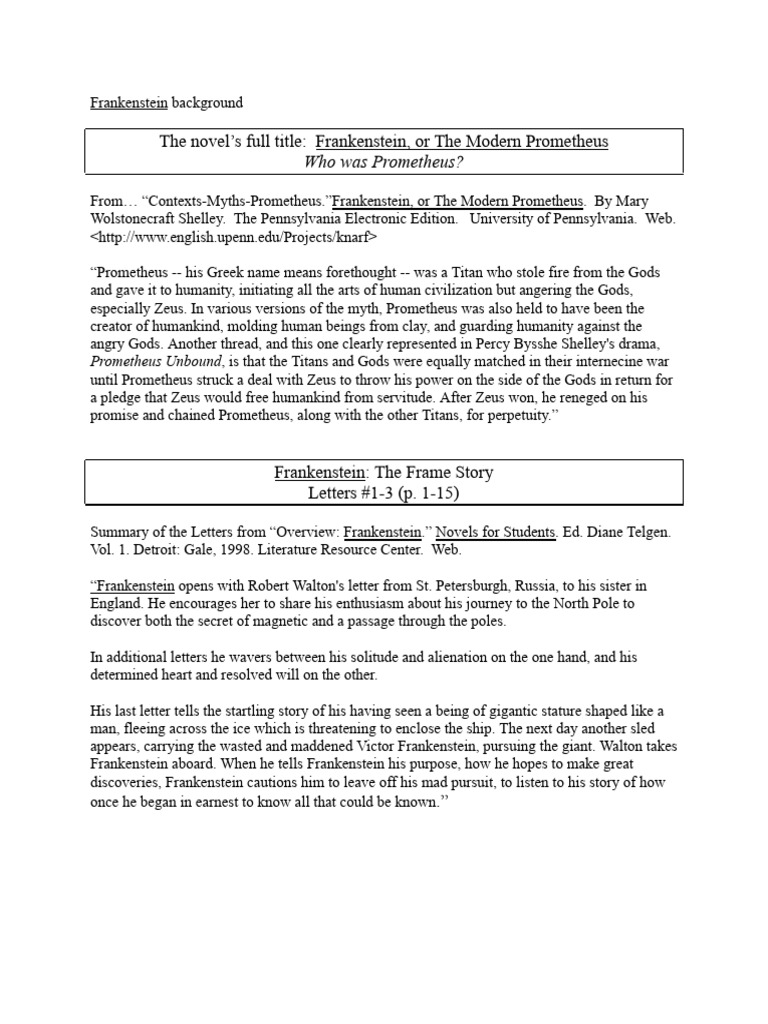 Summary of Frankenstein Letters 1-4 | PDF | Frankenstein | Prometheus