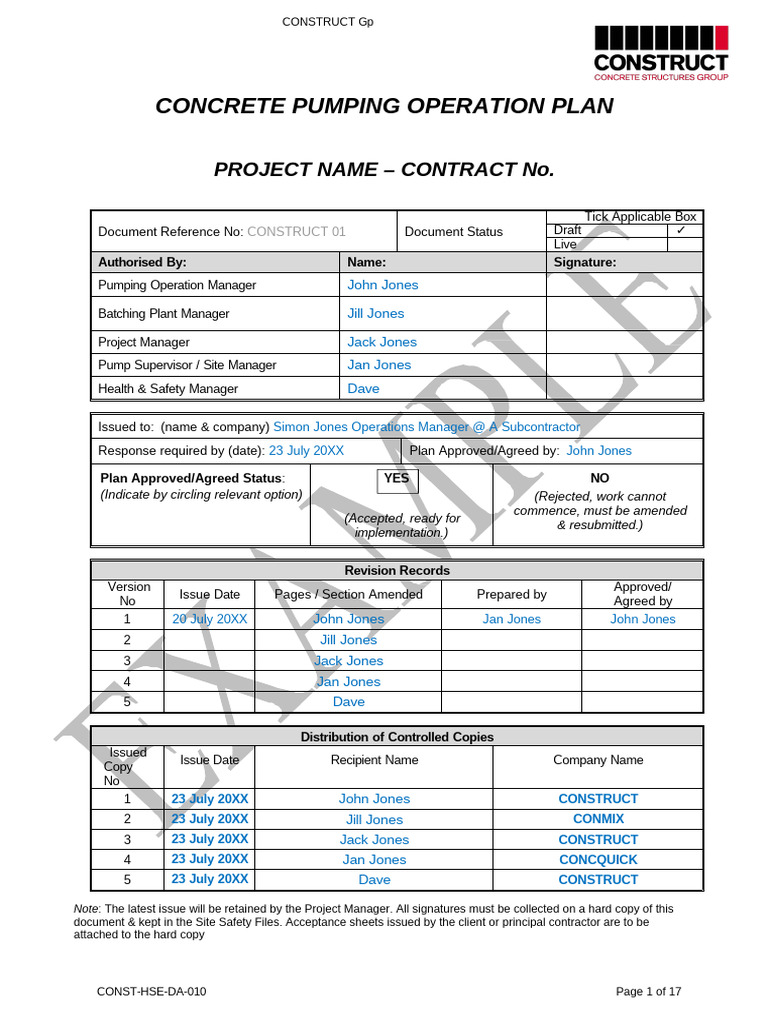 Concrete Pumping Plan Template Example Version 10 1 | PDF
