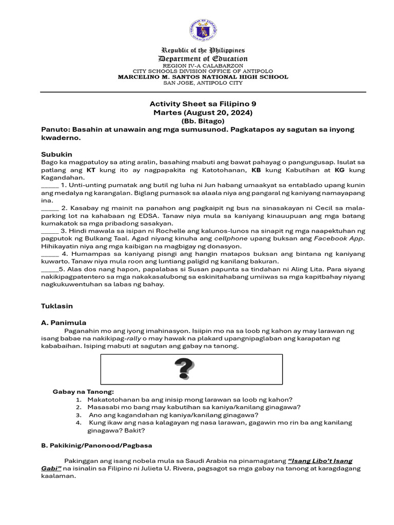 Activity Sheet Tuesday 82024 | PDF
