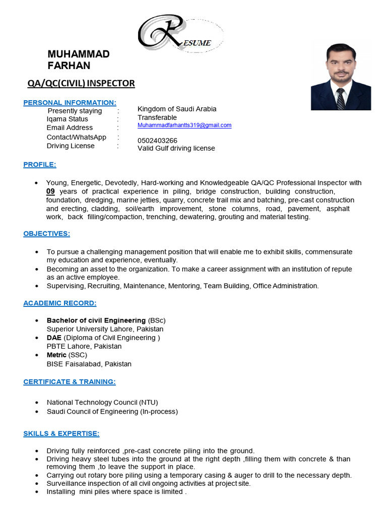 QA/QC Inspector Resume - Muhammad Farhan | PDF | Deep Foundation | Concrete