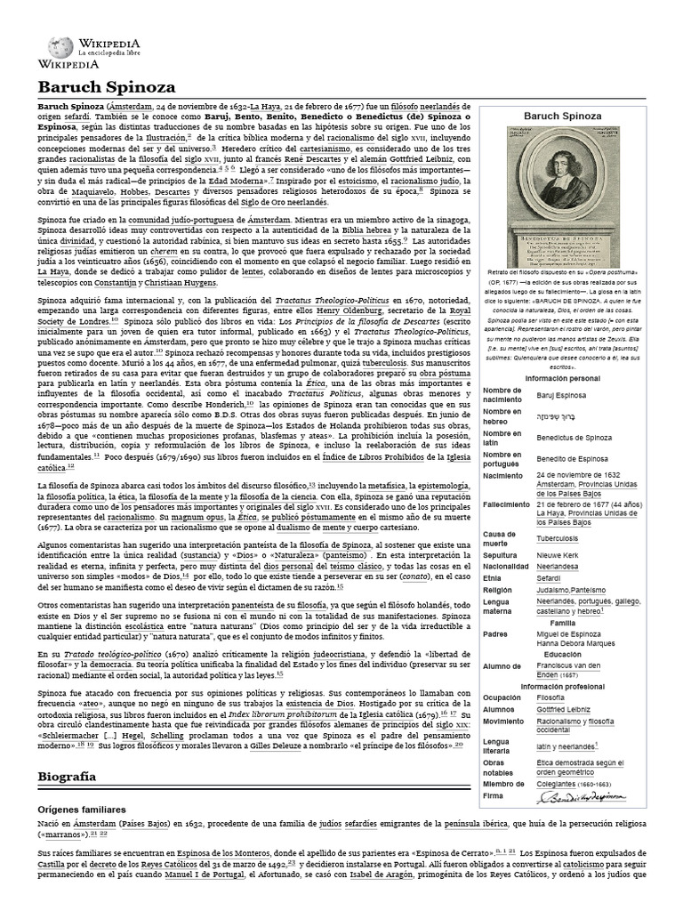 Baruch Spinoza - Wikipedia, La Enciclopedia Libre | PDF | Baruch Spinoza