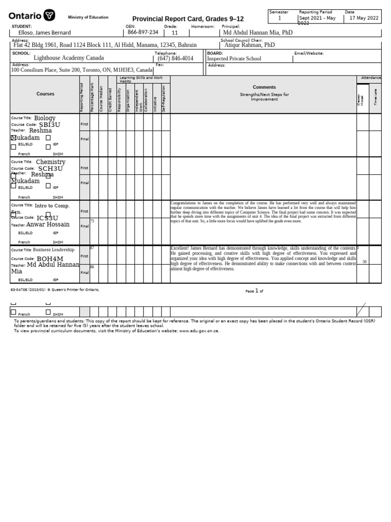Semester2-Provincial Report Card, Grades 9-12 | PDF | Learning | Cognition