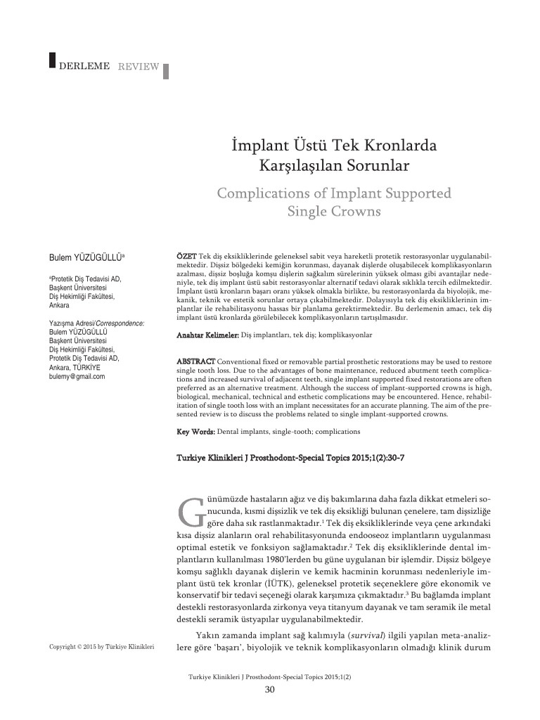 + Implantüstü Tek Kron Karşılaşılan Sorunlar | PDF