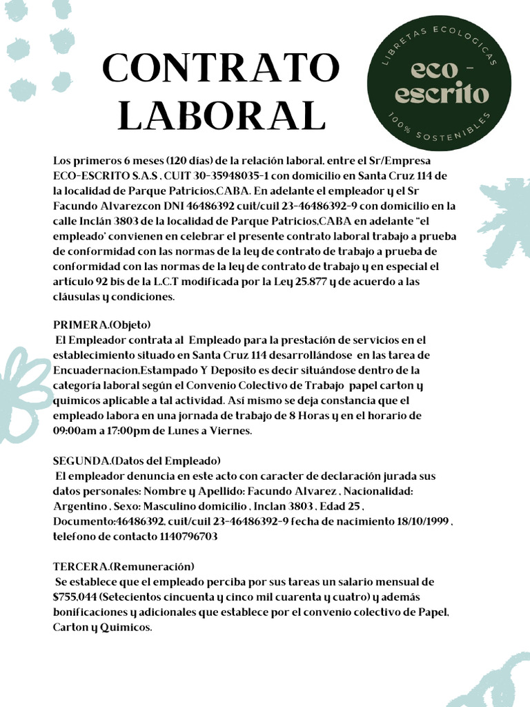 Contrato Laboral | PDF | Derecho laboral | Salario