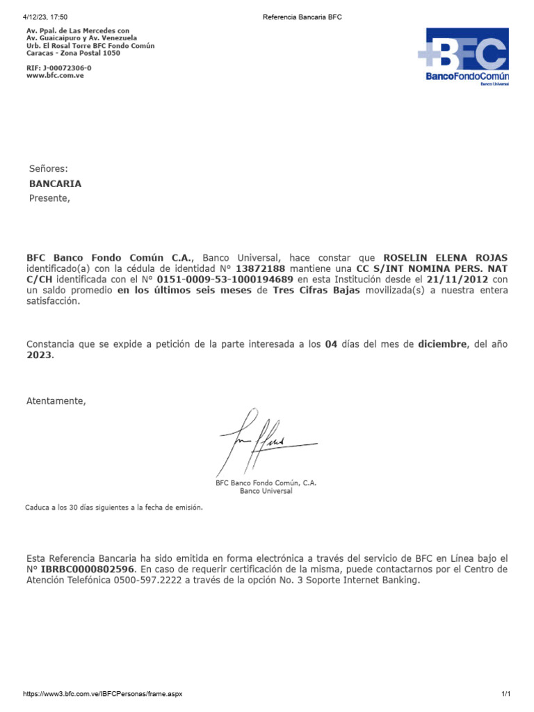 Referencia Bancaria BFC - Roselin Rojas | PDF