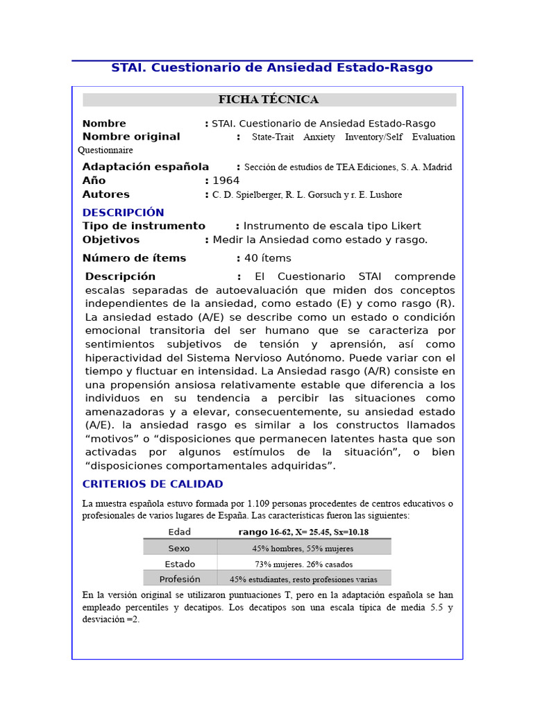 Cuestionario STAI de Ansiedad | PDF | Ansiedad | Conceptos psicologicos