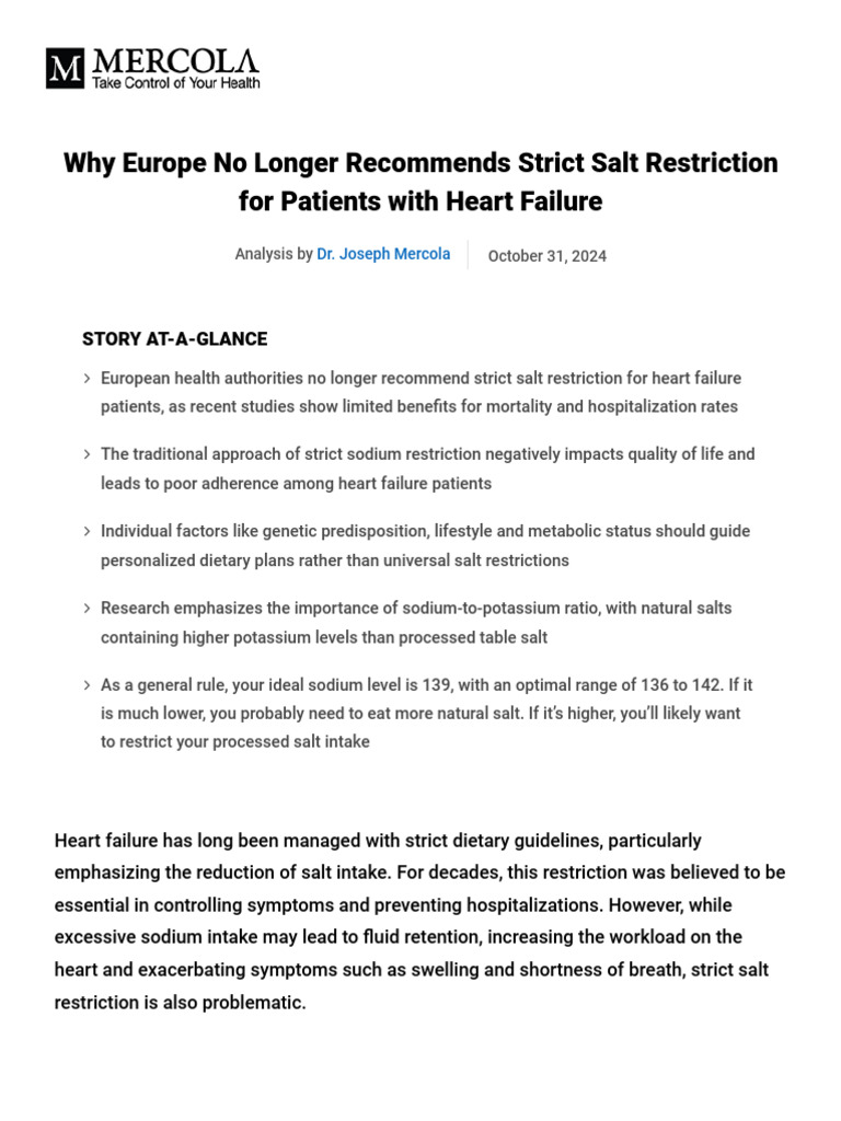 Salt Restriction Heart Failure PDF | PDF | Heart Failure | Salt