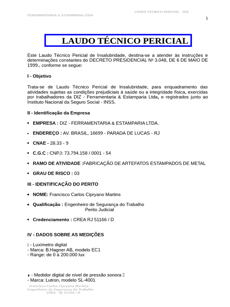 LAUDO TÉCNICO PERICIAL | PDF | Química