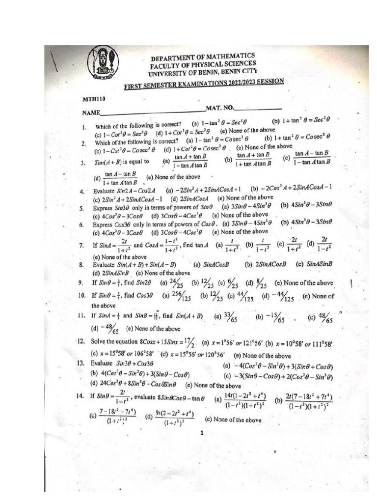MTH 110 Exam Questions | PDF