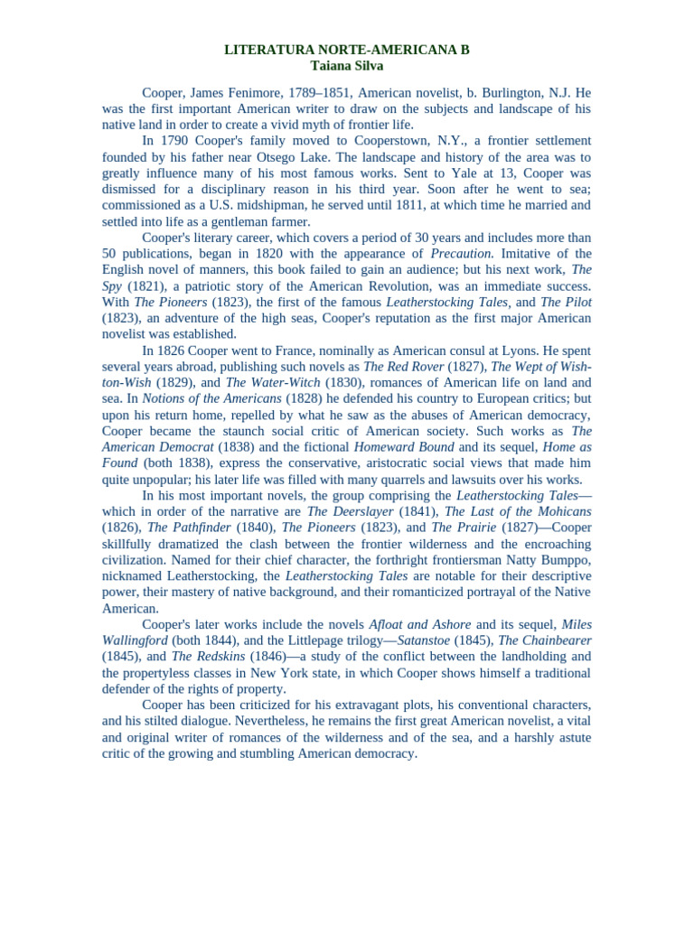 Americana B - James Fenimore Cooper - Bio | PDF | James Fenimore Cooper ...