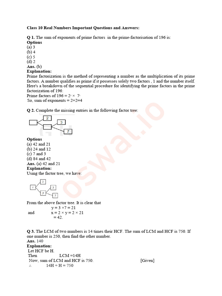 Class 10 Real Numbers Important Questions and Answers: Q1. Options | PDF | Mathematics | Arithmetic