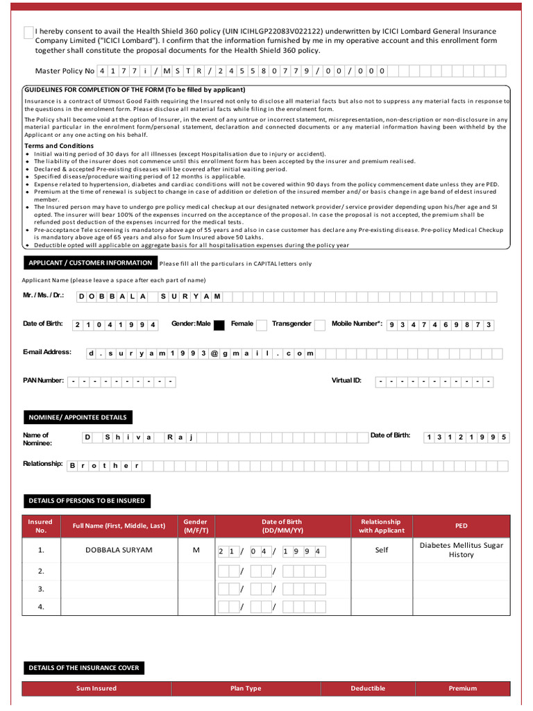 Enrollment Form | PDF | Insurance | Deductible