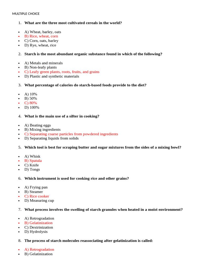 MULTIPLE CHOICE - Docx Quize | PDF | Starch | Cooking